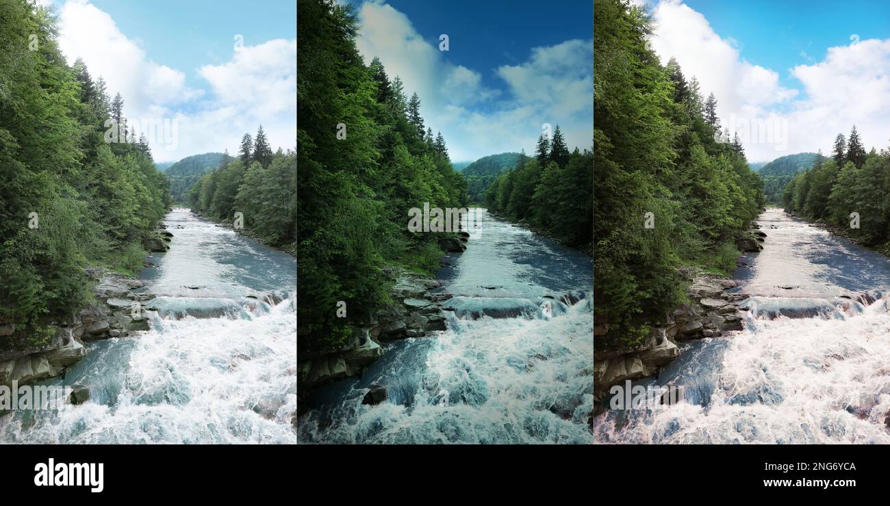 Photos before and after retouch, collage. Wild mountain river flowing ...