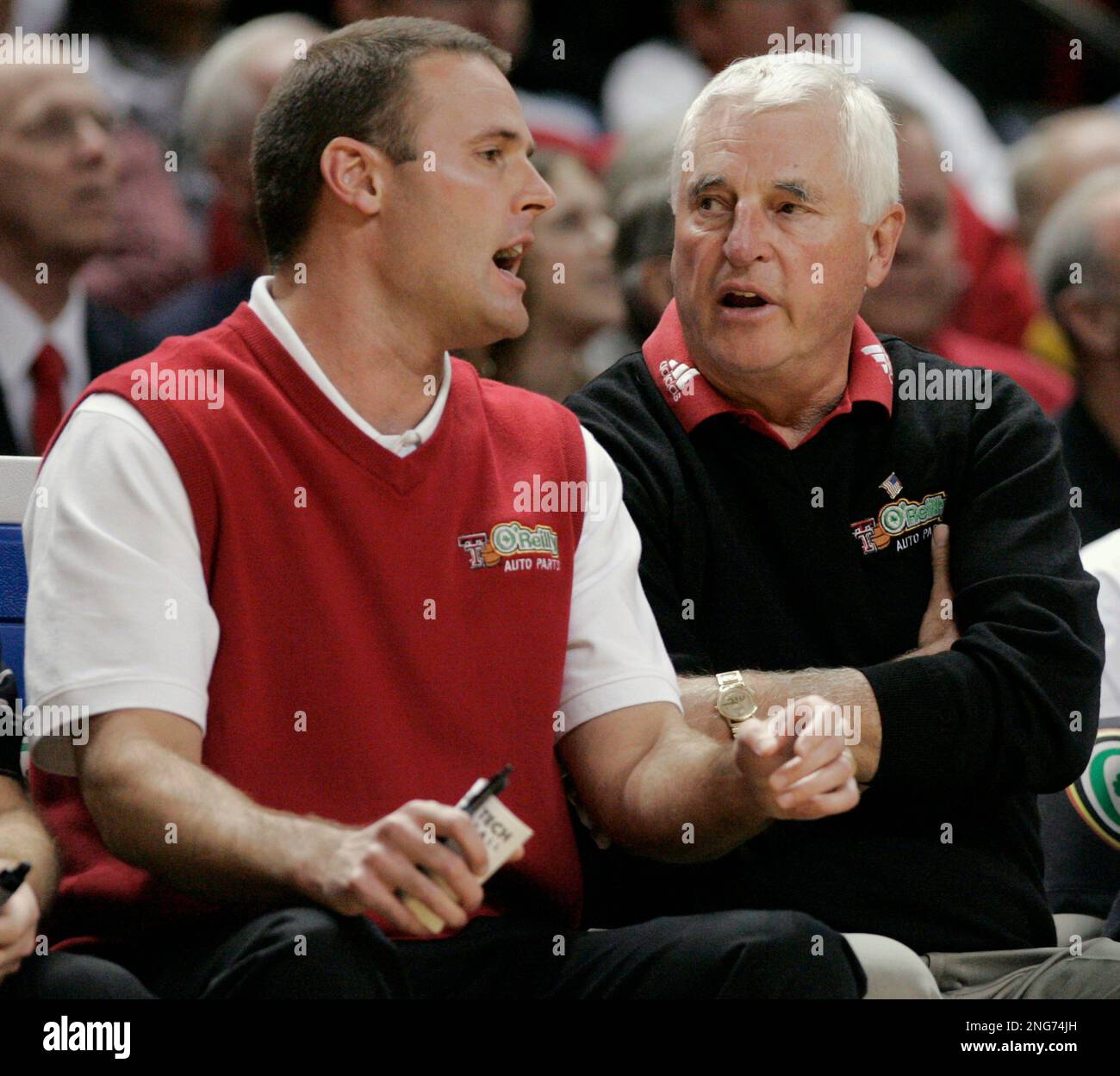 Texas Tech basketball coach Bob Knight, right, and assistant coach Pat ...