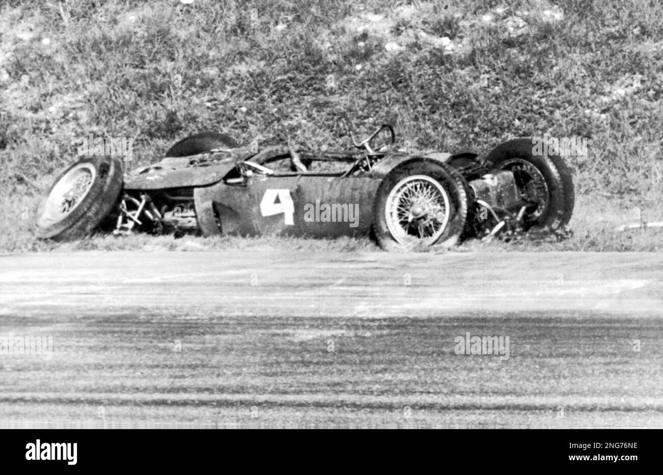 The wrecked Ferrari driven by German Formula One driver Wolfgang Graf ...