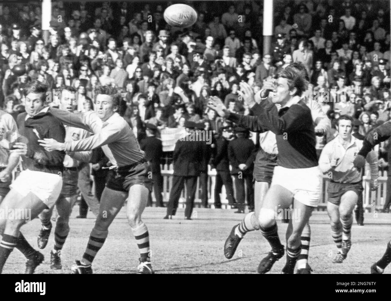 The ball flies through the air as the Springbok attack during the Rugby ...