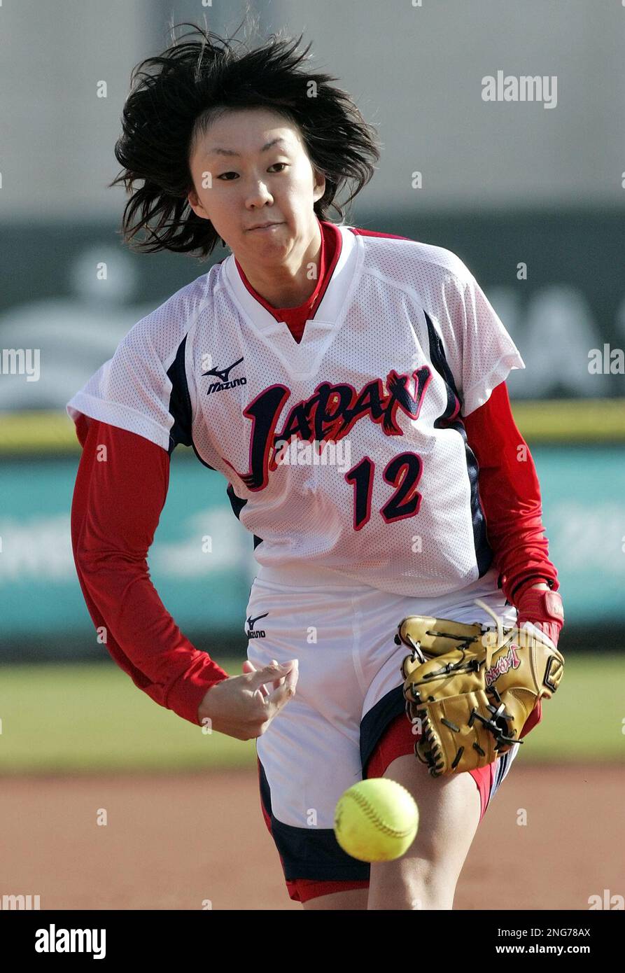 Japan's pitcher Mariko Goto warms up before a match against South Korea ...