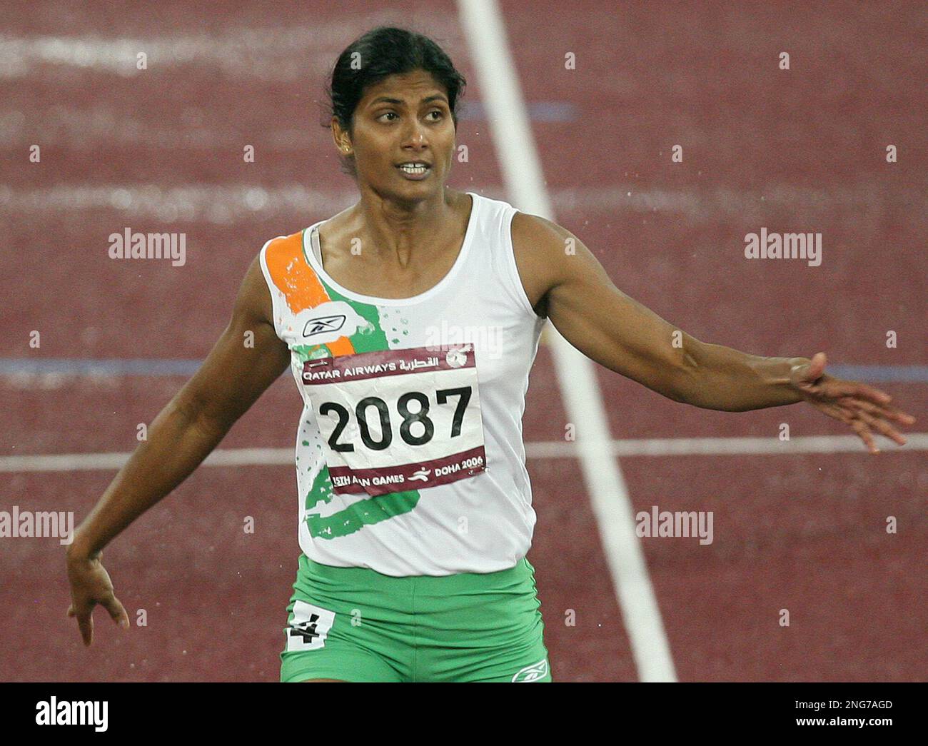 India's Soma Biswas crosses the finish line in the 200m discipline of ...