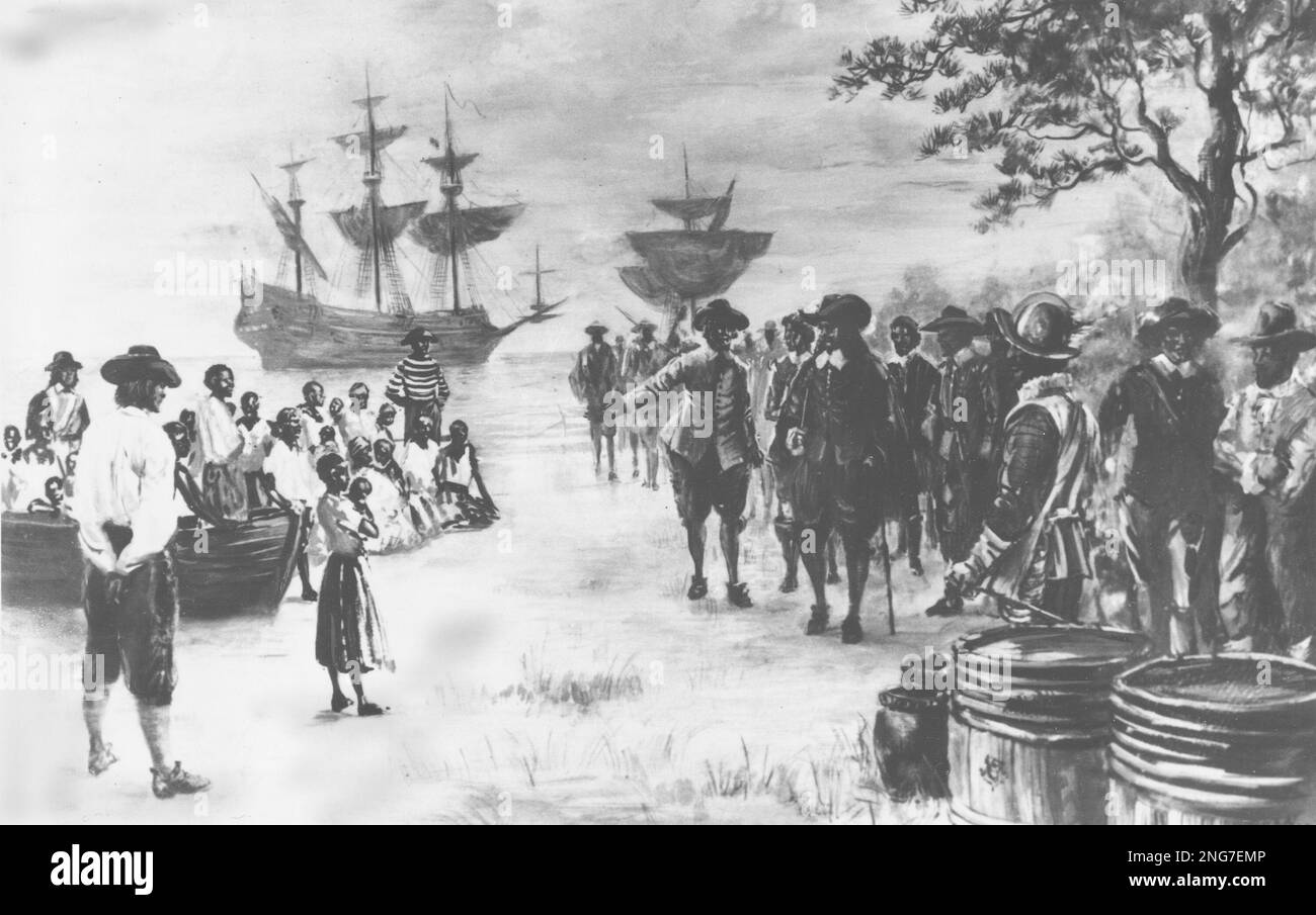 This painting by Sidney King depicts Virginia in 1619 as a Dutch ...