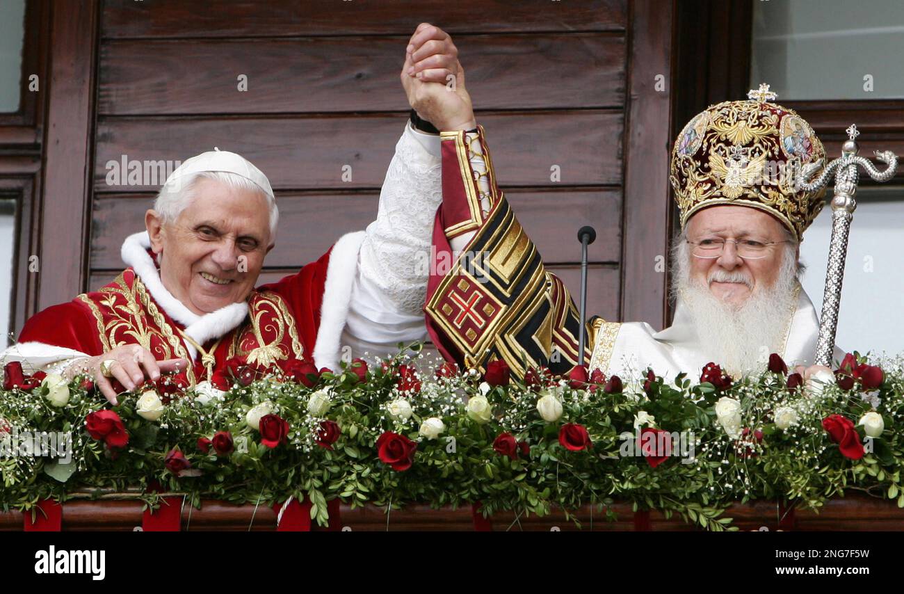 Pope Benedict XVI, left, and Ecumenical Patriarch Bartholomew I appear ...