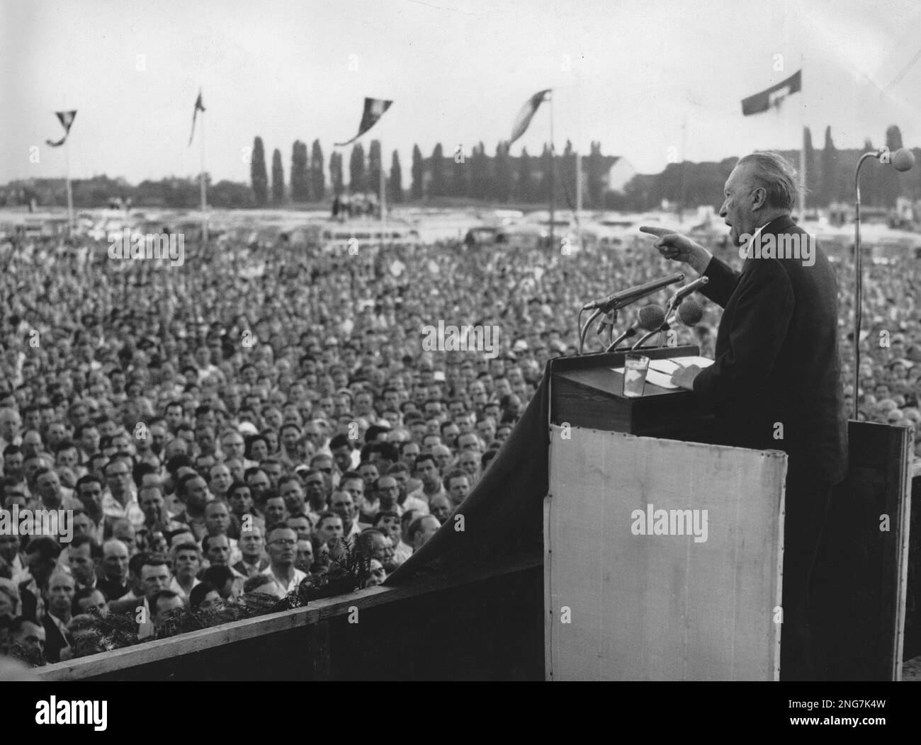 German Chancellor Konrad Adenauer makes the final speech in front of ...