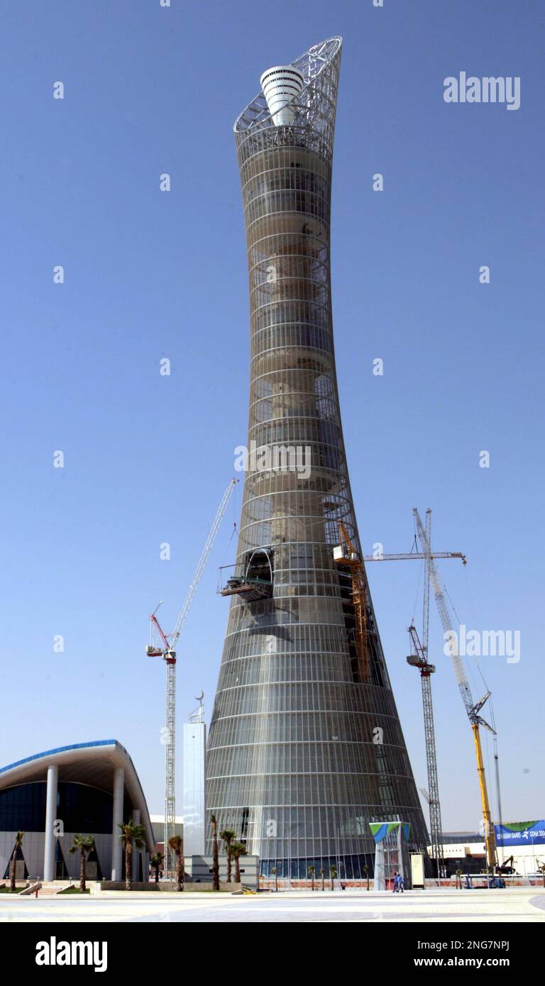 Construction continues on the 300 meter Khalifa Sports City Tower ...