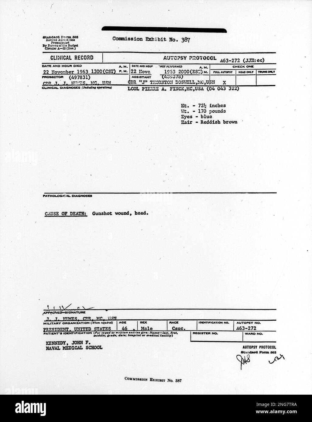 This is an autopsy report, Warren Commission exhibit no. 387, noting ...