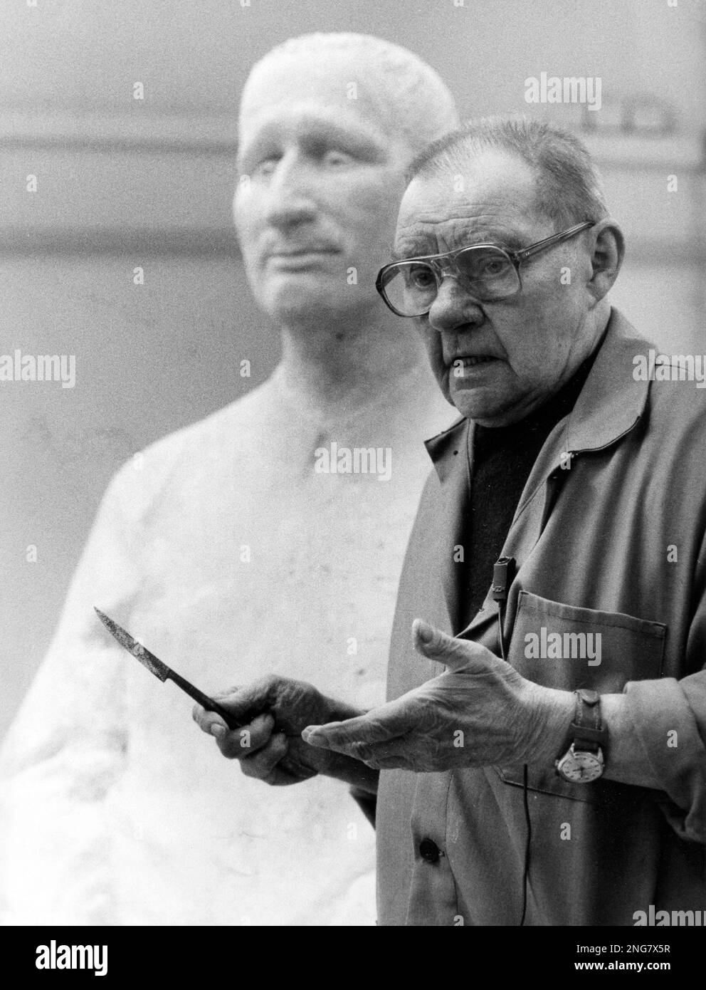 Famous German sculptor Fritz Cremer during an interview in his studio ...