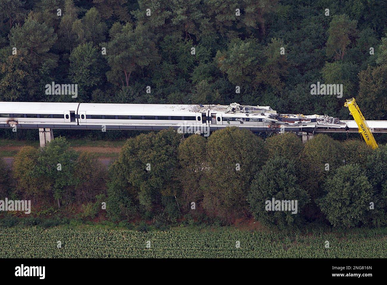 An aerial view of the damaged magnetic train Transrapid on its elevated ...