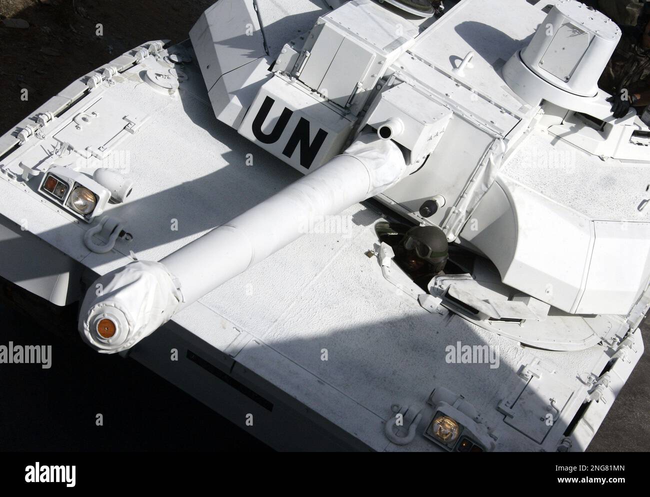 French U.N. peacekeepers in a Leclerc tank maneuver at the entrance of ...