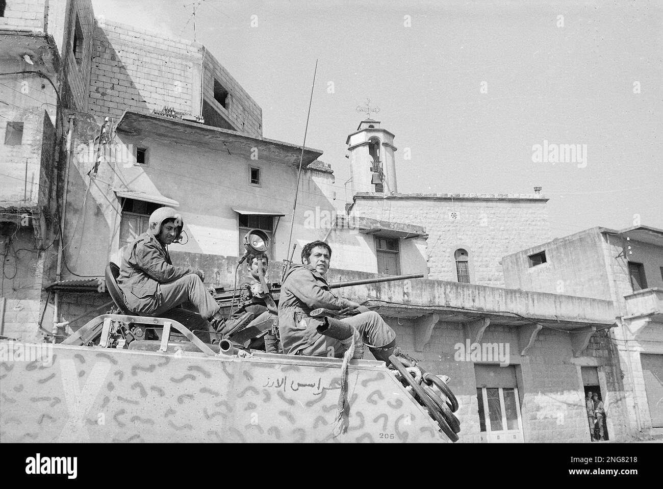 Christian Lebanese Phalangists on armored vehicle set position in the ...