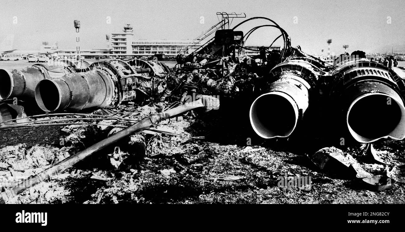 The engines of a VC-10 airliner of the Middle East Airlines, lay ...
