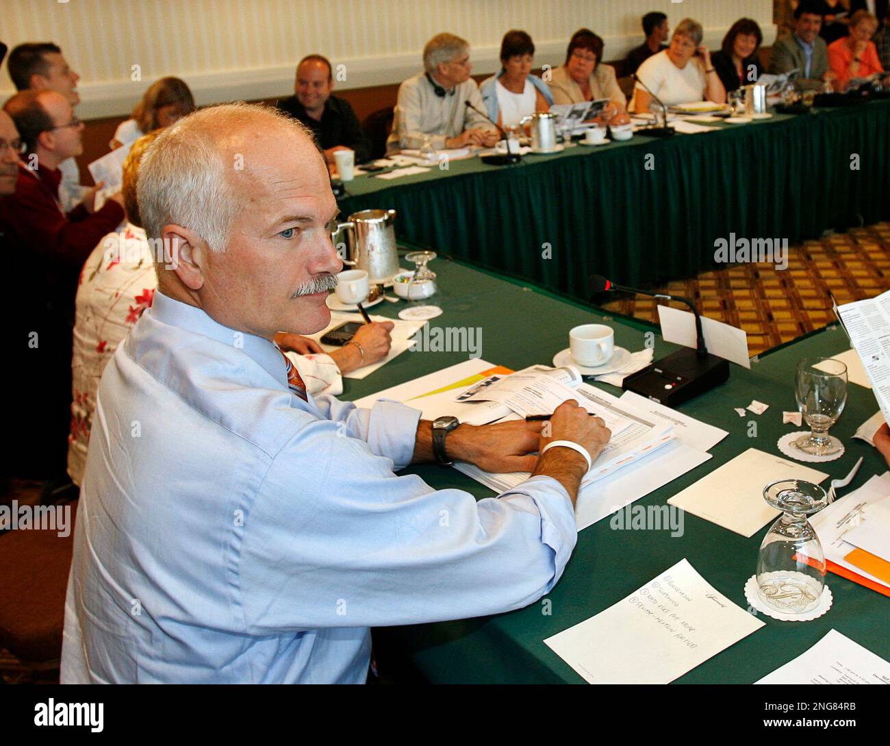 Federal New Democratic Party Leader Jack Layton speaks to his caucus at ...