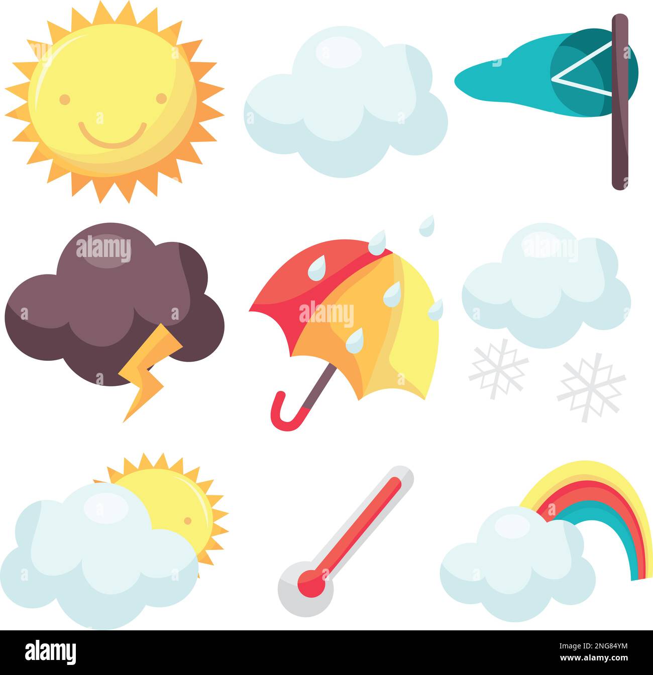 A cartoon vector illustration set of nine different weather related ...