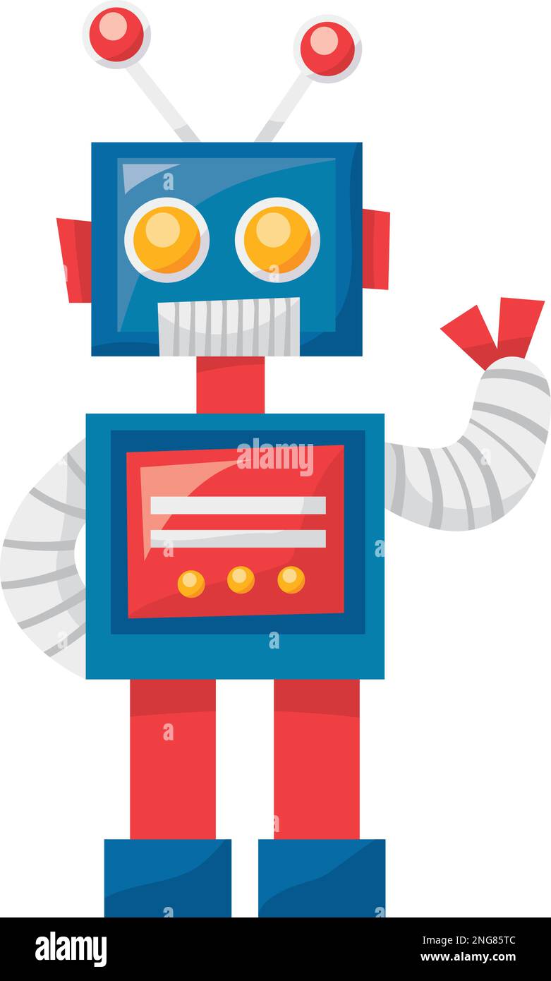 A cartoon vector illustration of friendly vintage robot waving hello ...