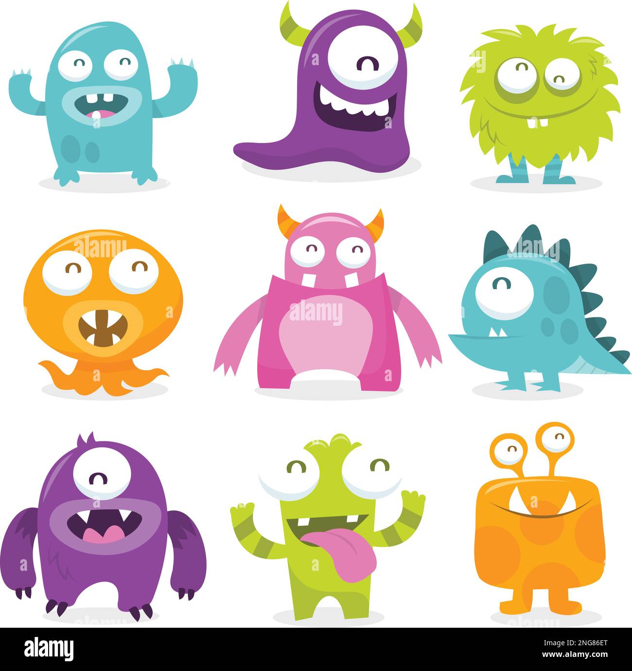 Vector illustration of nine monsters with toothy grins. The first ...