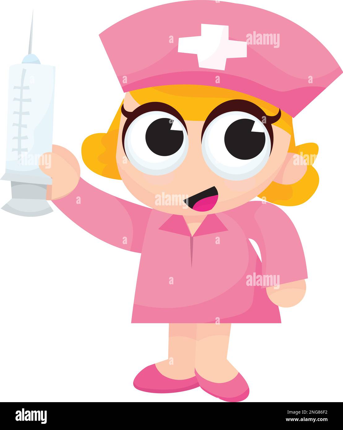A cartoon vector illustration of a cute blonde nurse with big syringe ...