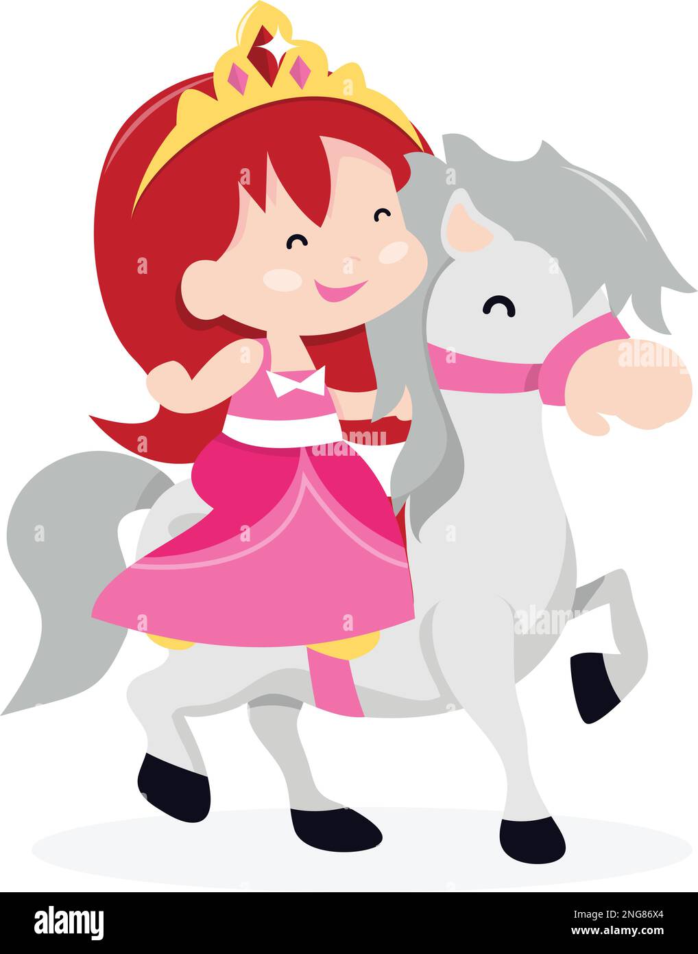 A cartoon vector illustration of a cute princess girl riding her little ...
