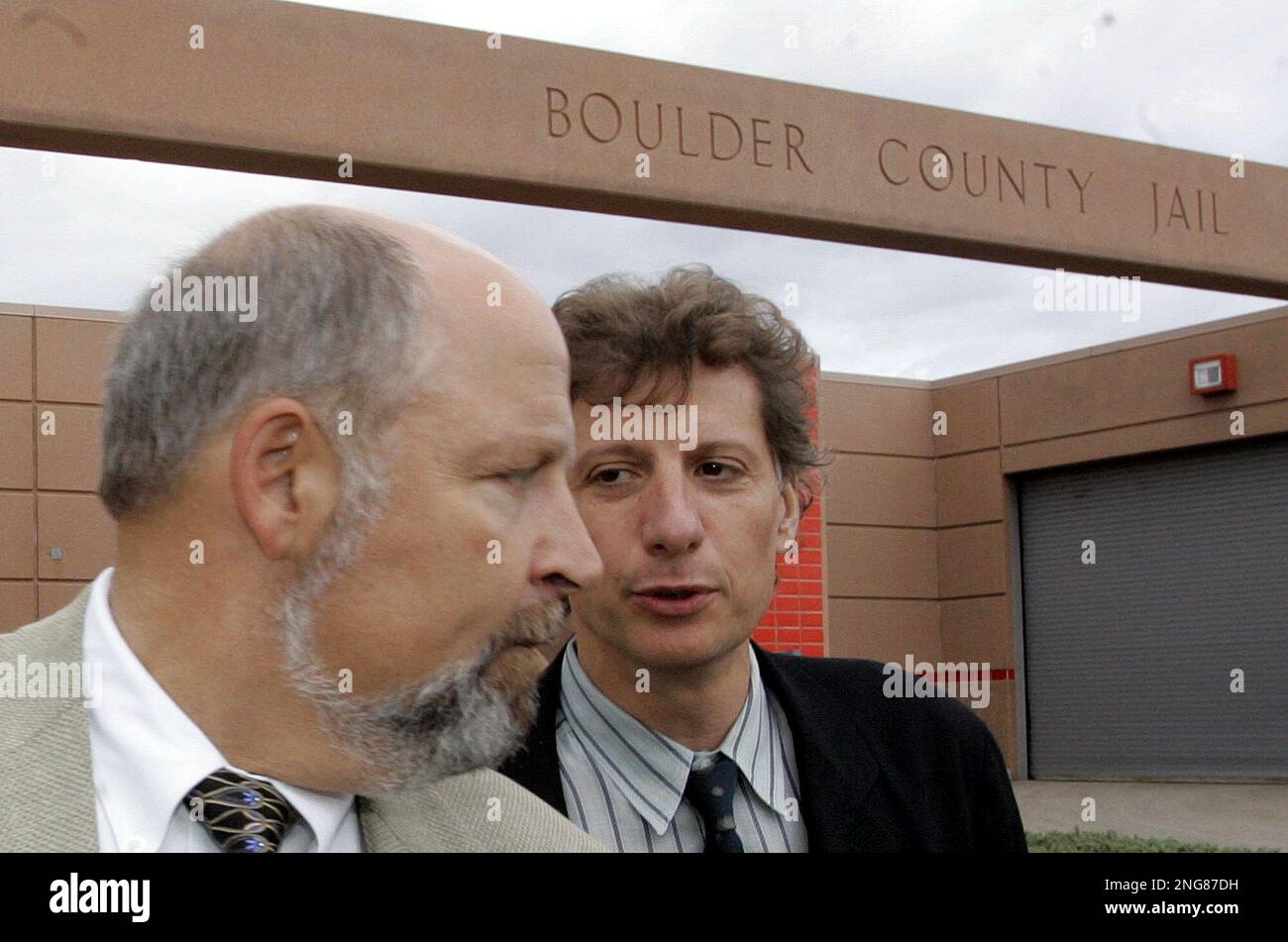 Steve Jacobson, left, and Seth Temin depart the Boulder County Jail ...