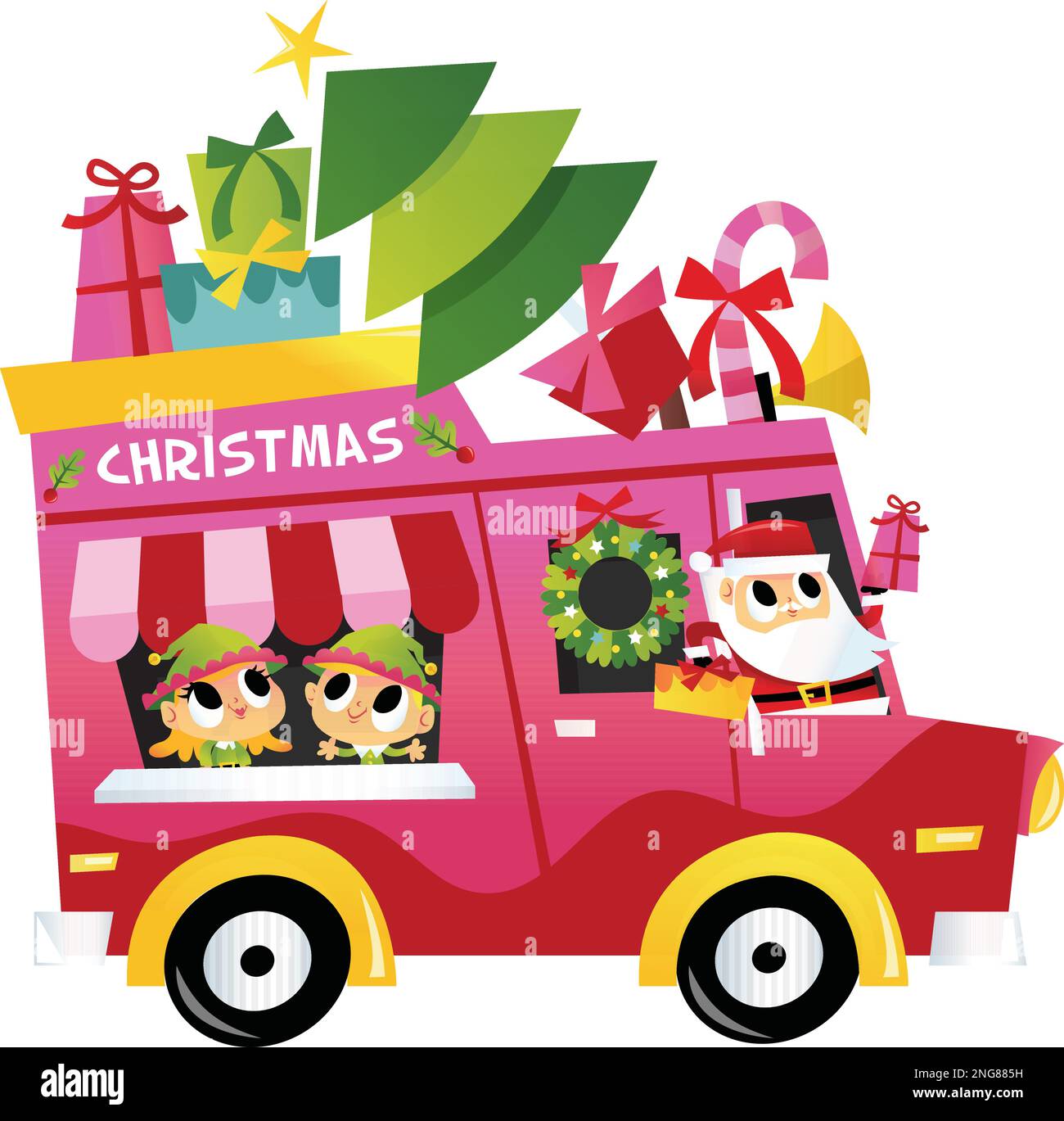 A cartoon vector illustration of cute christmas truck with santa and ...