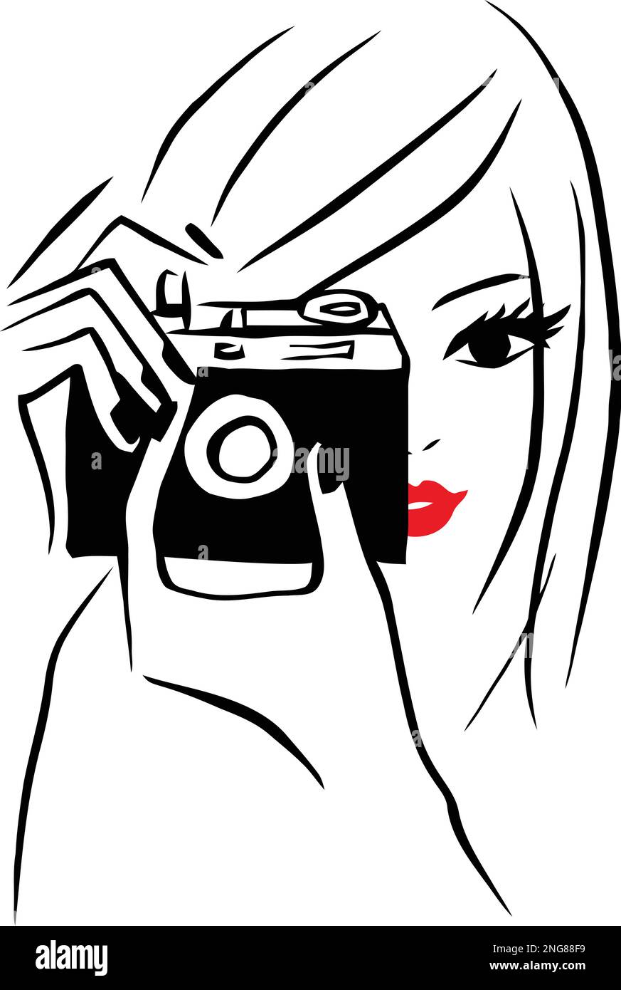 This image is a vector illustration of a line art style girl holding a ...