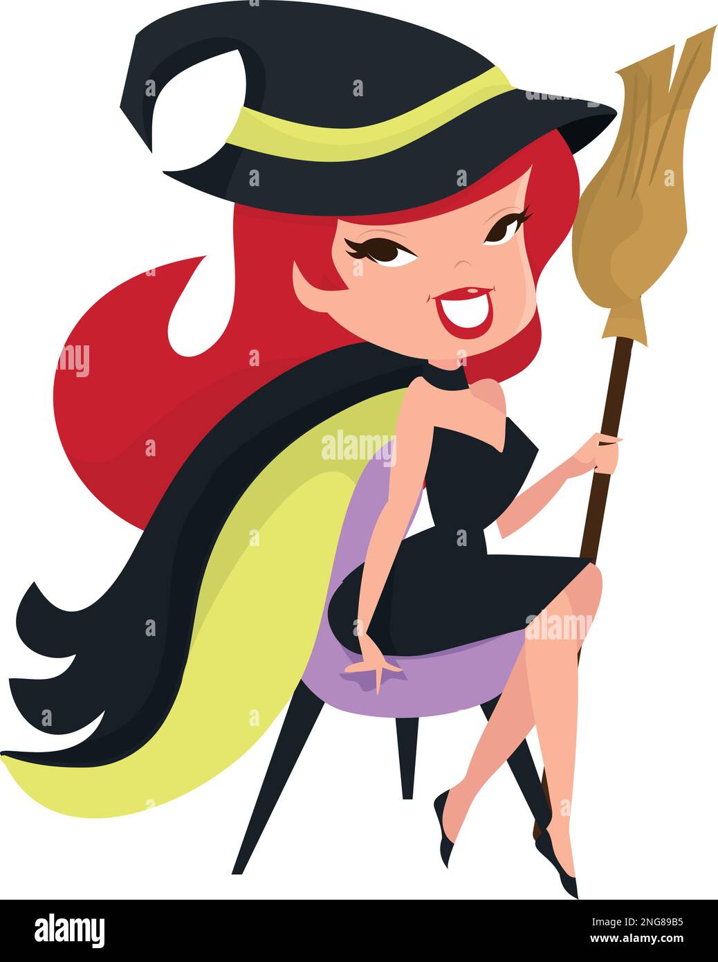 A cartoon vector illustration of a cute retro witch sitting down with a ...