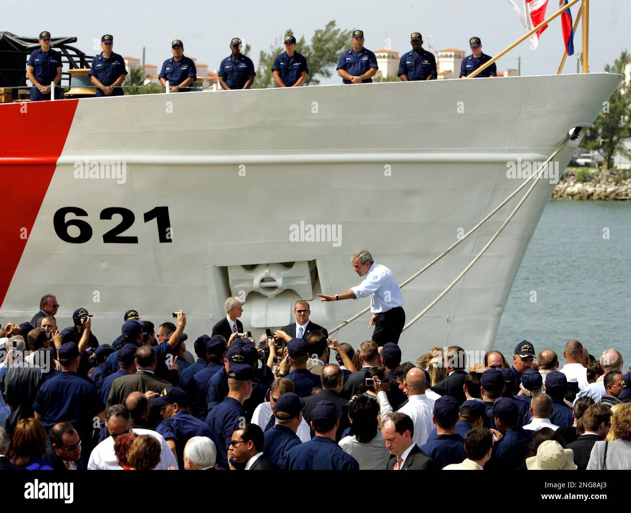 President Bush waves after making a speech at the U.S. Coast Guard ...