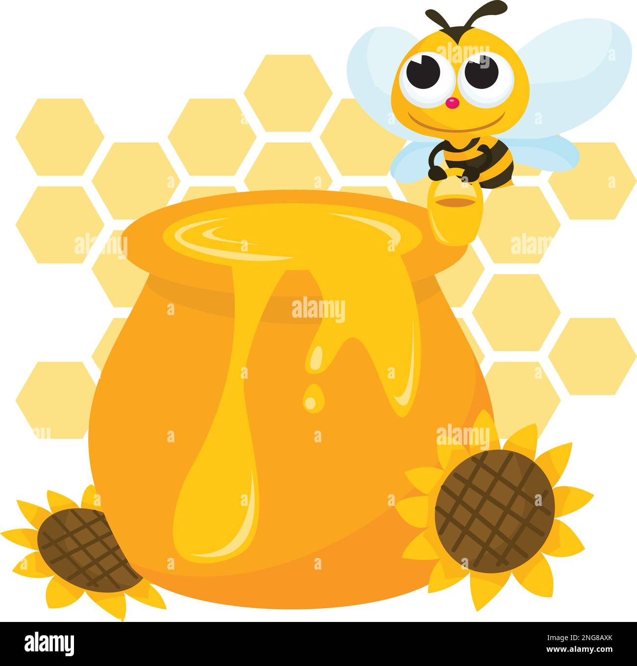A cartoon vector illustration of a cute happy honey bee carrying a pot ...