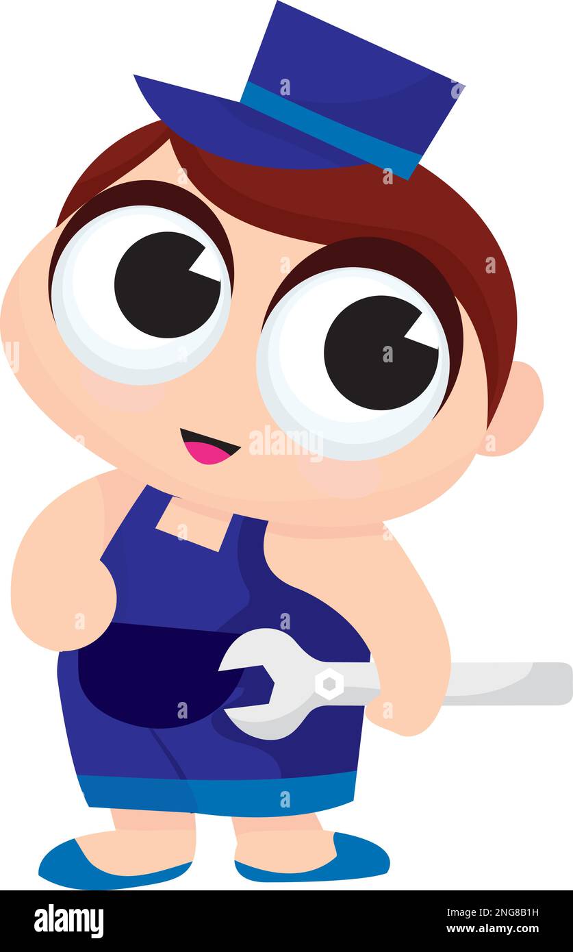 A cartoon vector illustration of a cute handyman in blue overall and ...