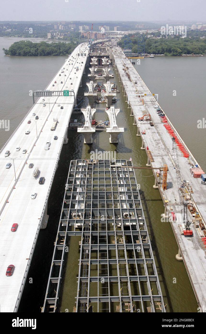 The Woodrow Wilson Bridge construction project as seen from helicopter ...