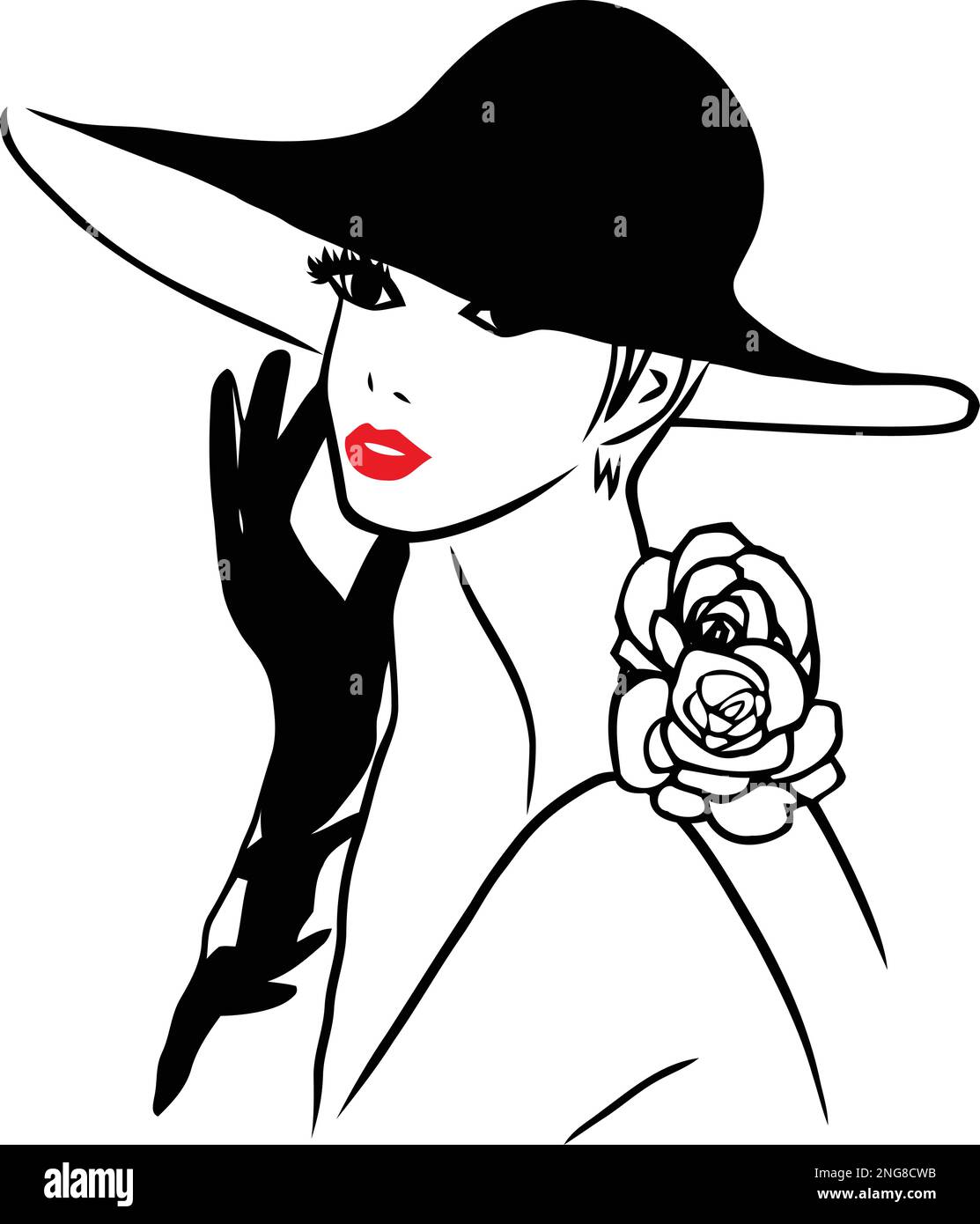 This image is a vector illustration of an elegant lady wearing a big ...