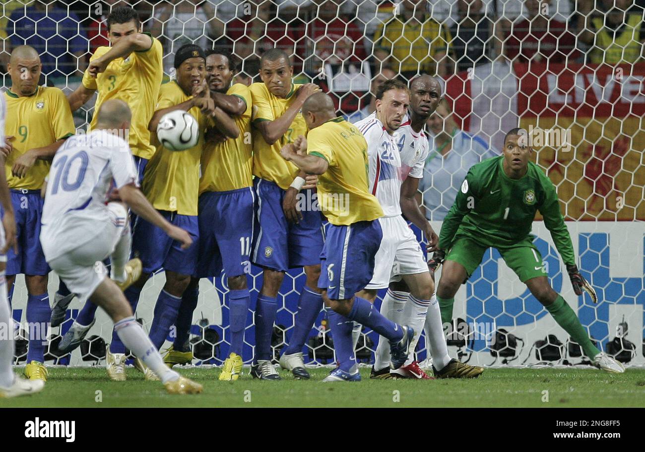 France's Zinedine Zidane executes a free kick during the Brazil v ...