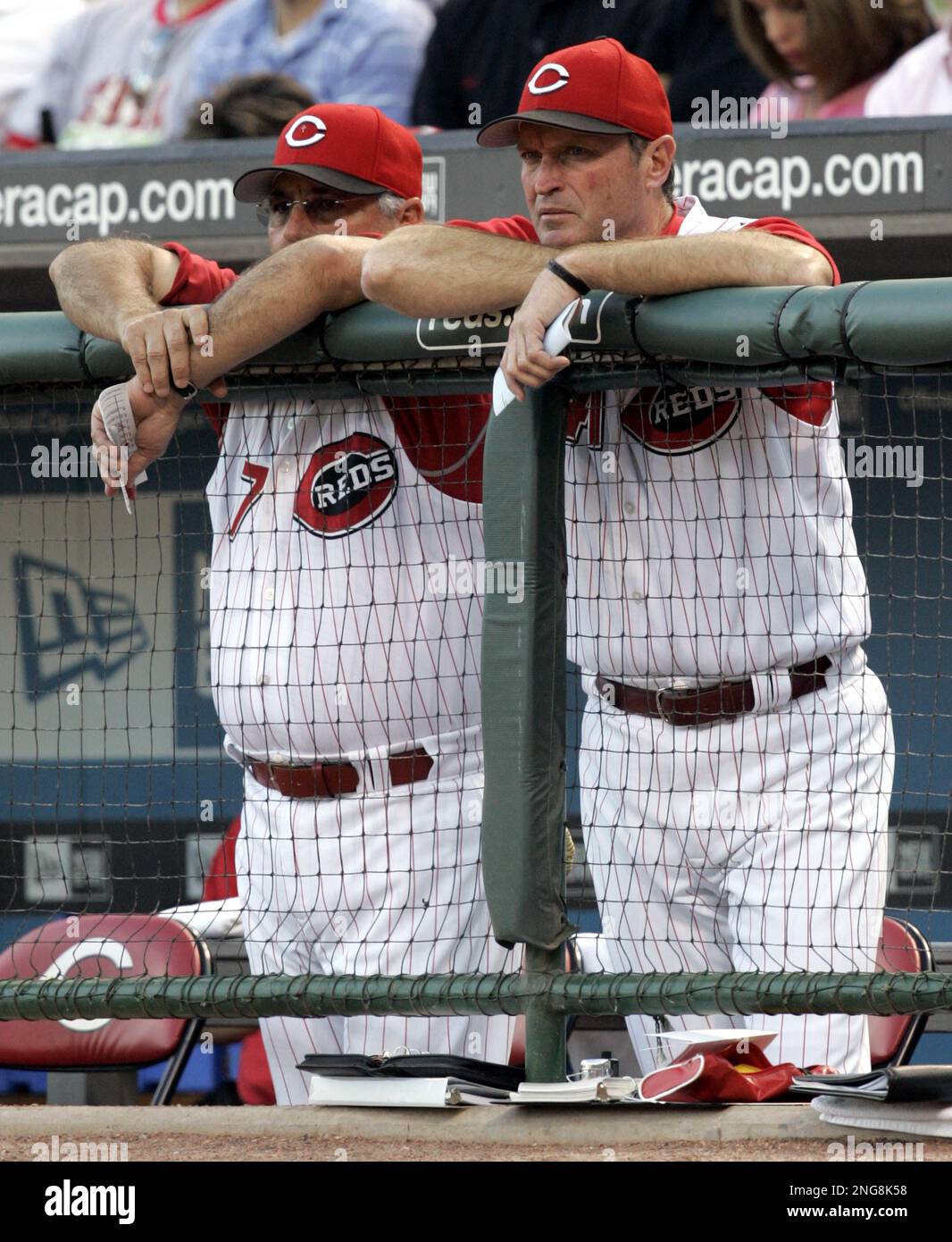 Cincinnati Reds manager Jerry Narron, right, watches from the dugout ...