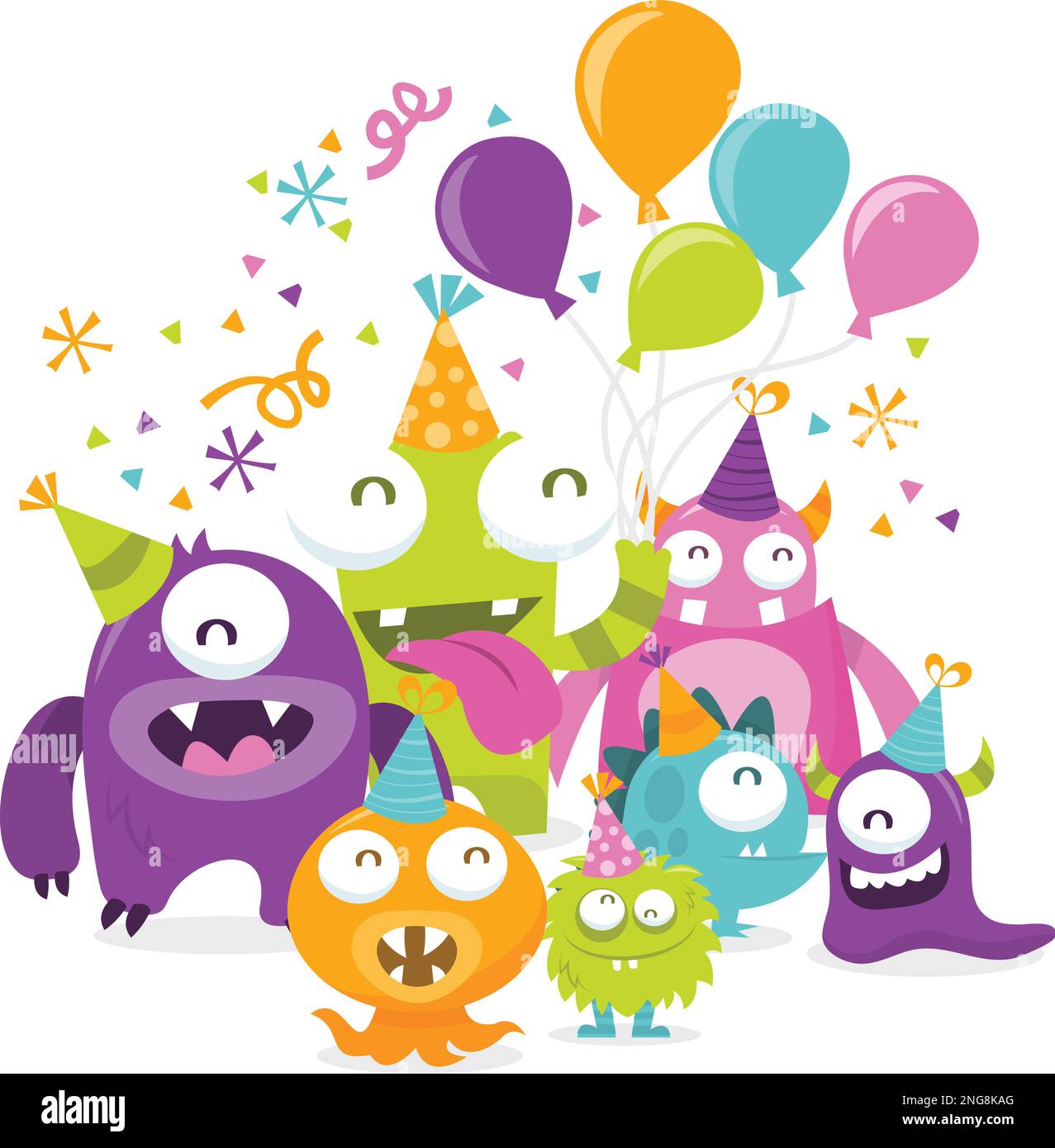 A cartoon vector illustration of a happy silly monsters celebration ...