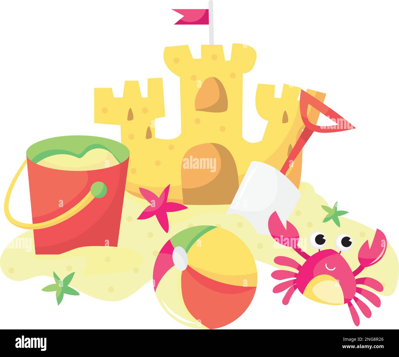A cartoon vector illustration of sandcastle, bucket, beach ball and ...