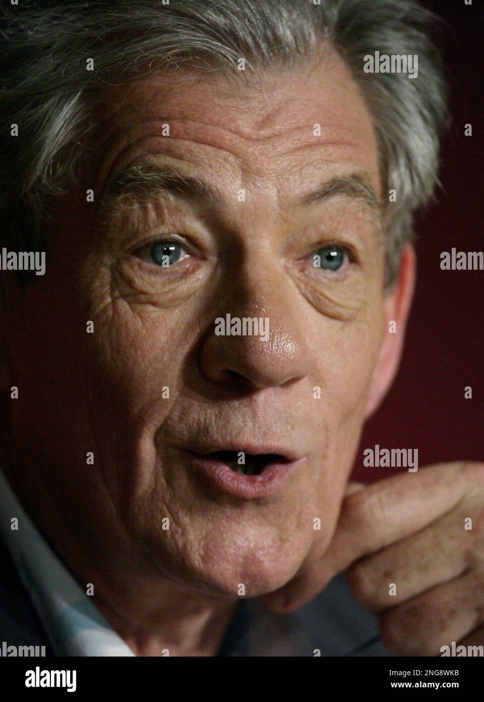 British actor Ian McKellen speaks during a press conference for the ...