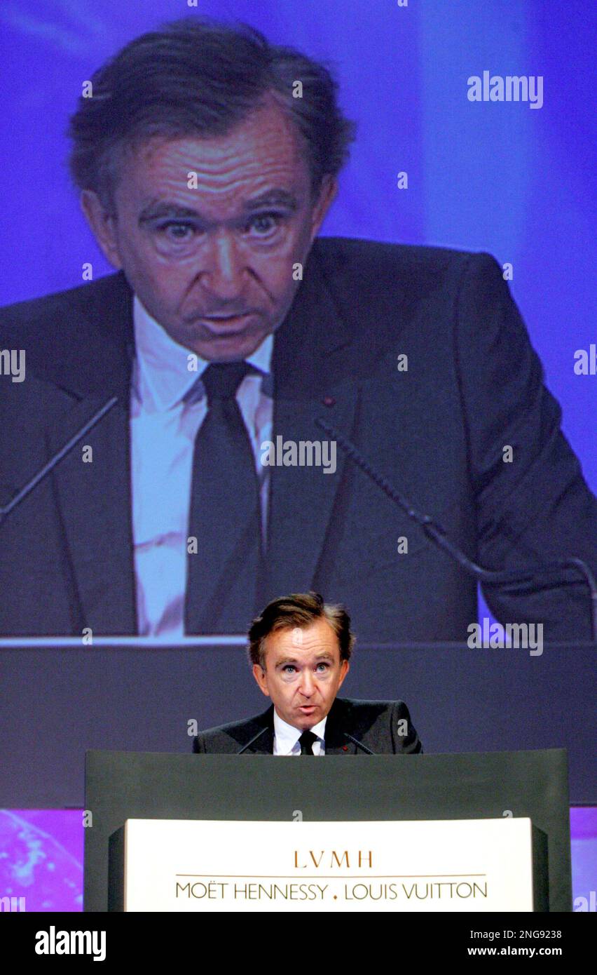 French luxury goods group LVMH chairman Bernard Arnault delivers his ...