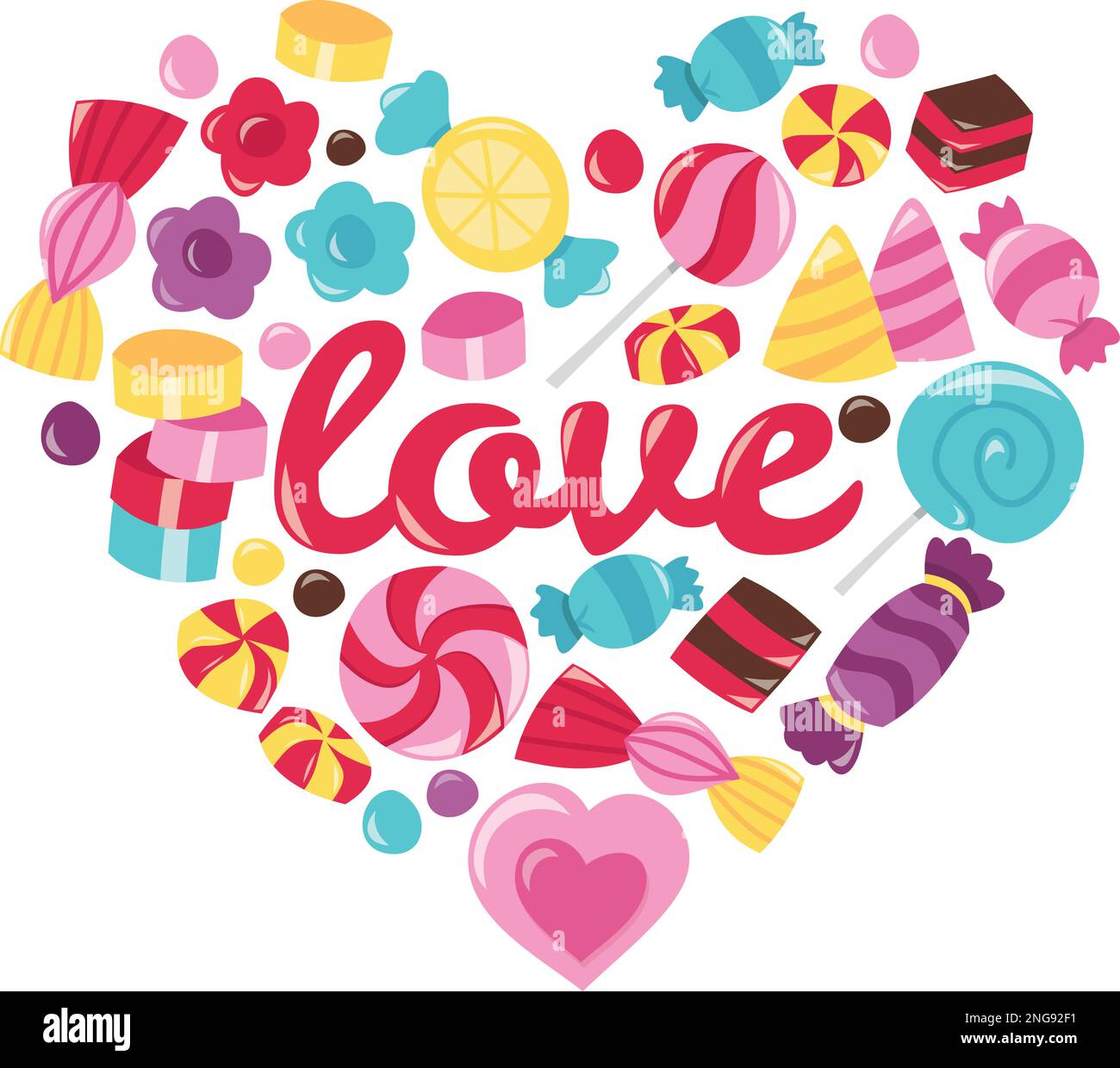 A cartoon vector illustration of various candies and sweets arranged in ...