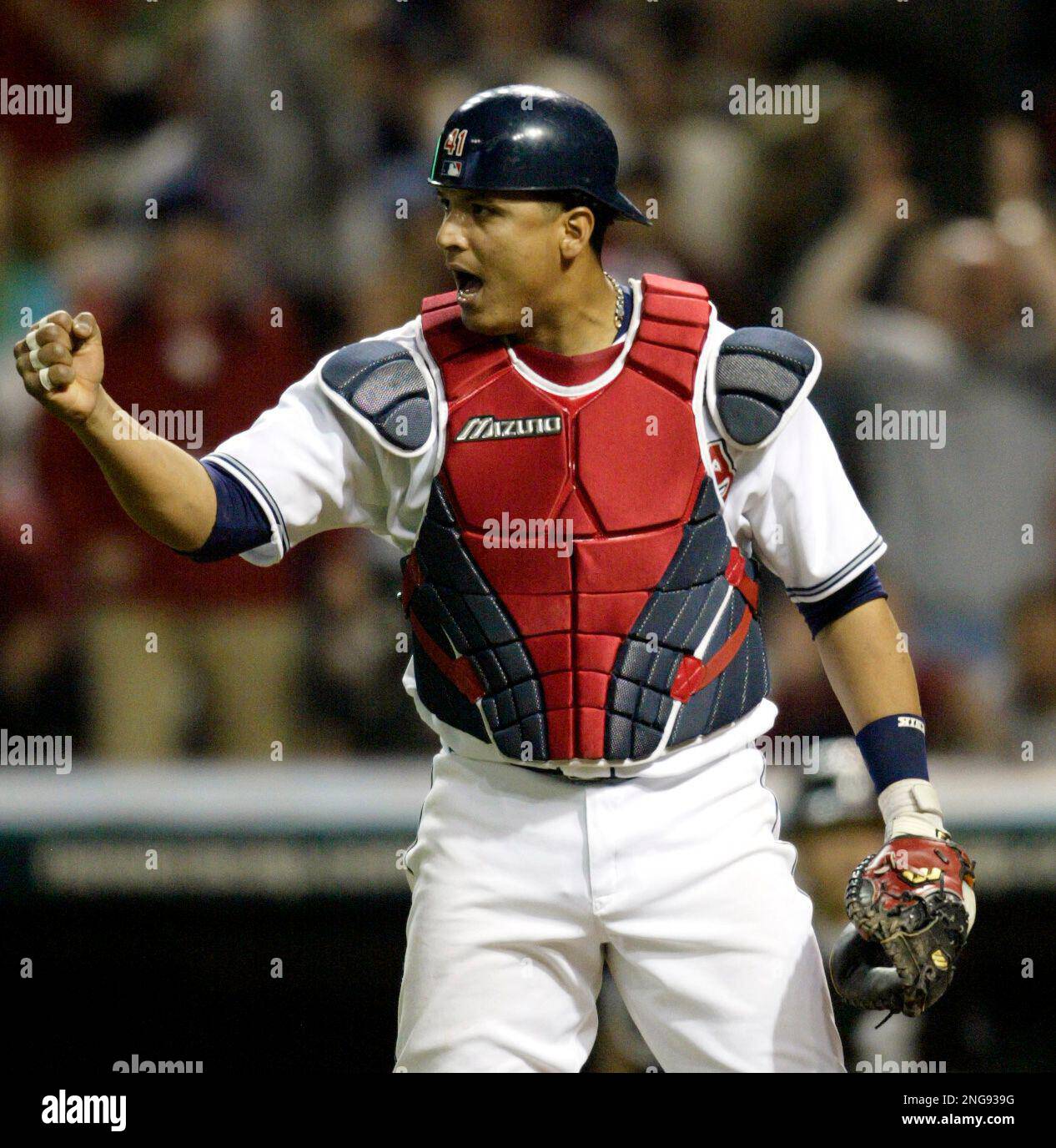 Cleveland Indians catcher Victor Martinez celebrates after the Indians ...