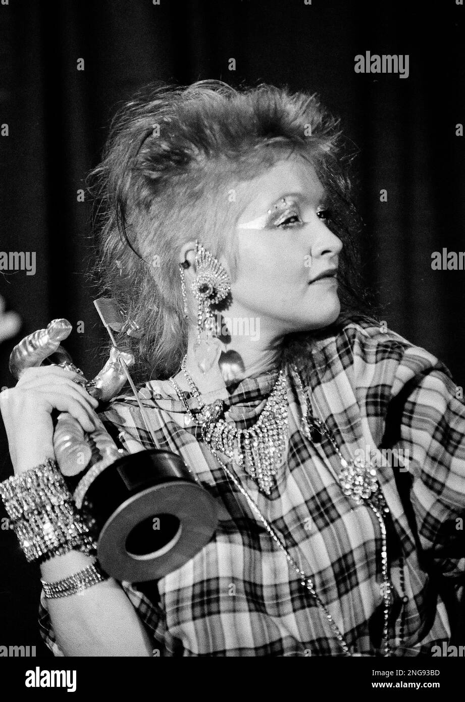 Singer Cyndi Lauper poses with her award for best female video at the ...