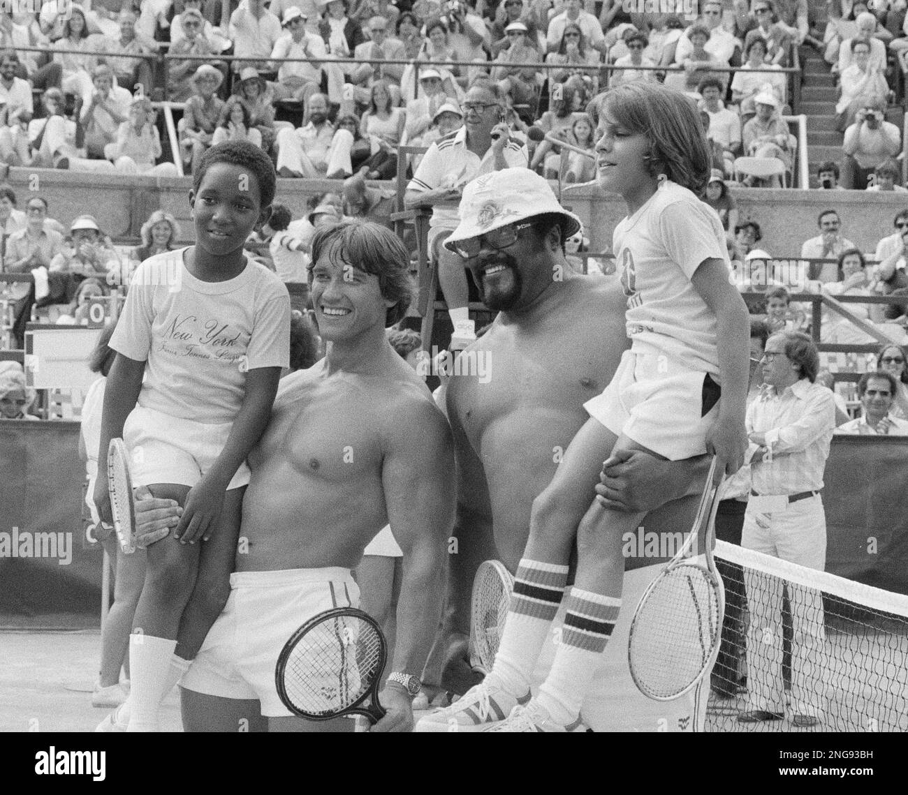 Actor and bodybuilder Arnold Schwarzenegger, second from left, and ...