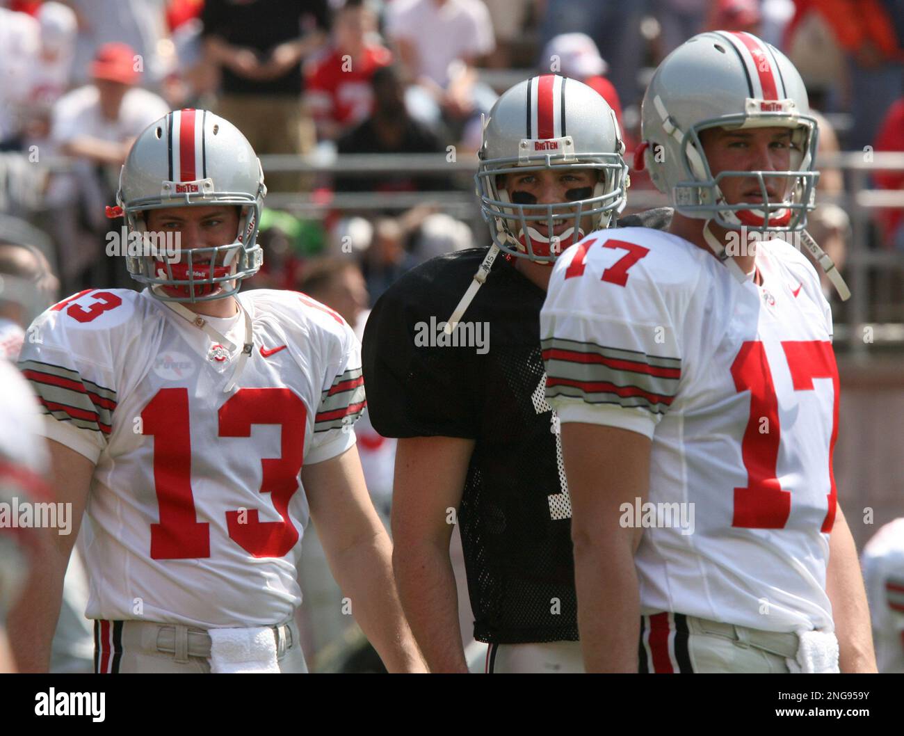 Ohio State quarterbacks Ben Kacsandi (13), left, Juston Zwick (12) and ...