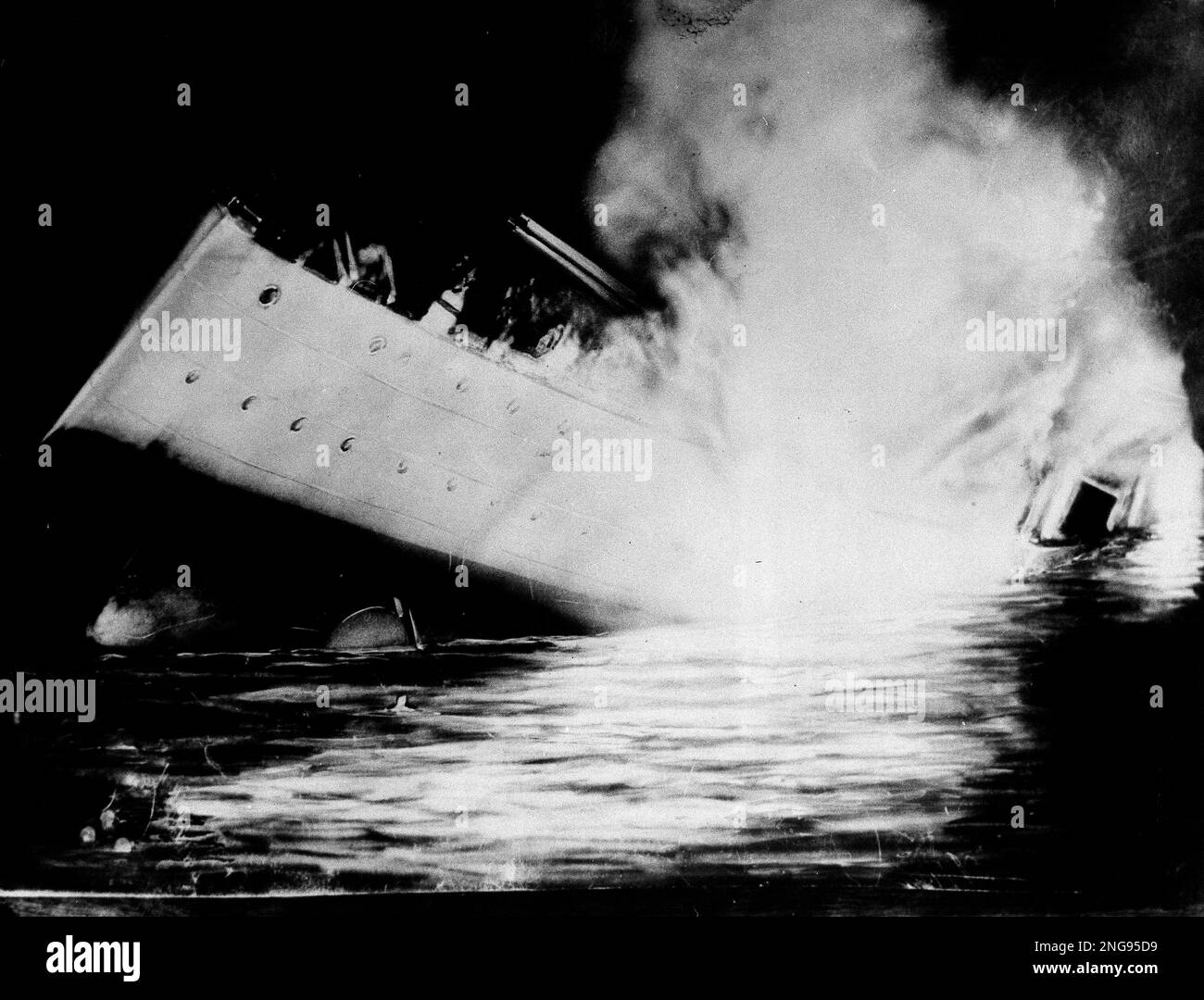 With men on deck, men struggling in the sea, a burst of flame, swirling ...