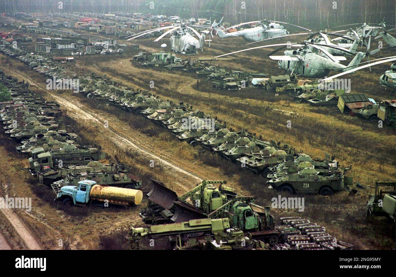 A cemetery of radioactive vehicles is seen near the Chernobyl nuclear ...