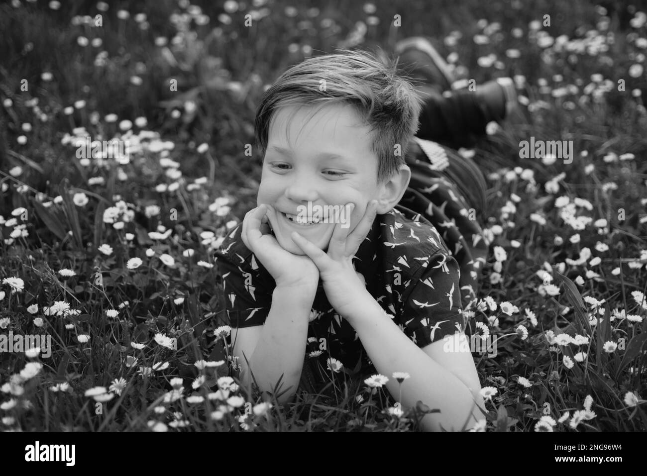 Carefree smiling boy lying on flower field. Cute kid child enjoying on ...