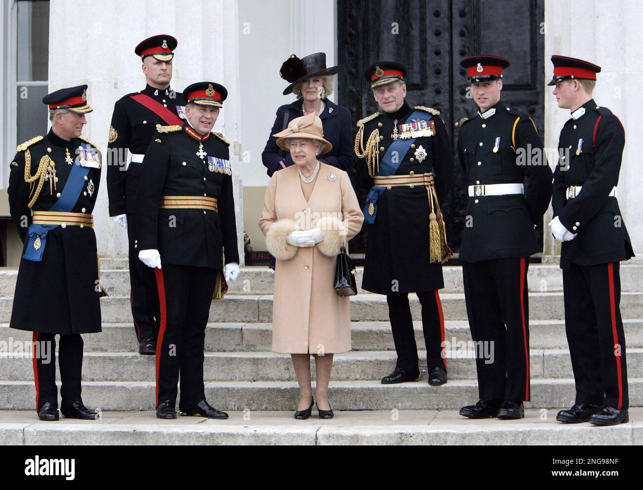 Britain's royal family and military staff, from left, Prince Charles, Academy Sgt. Maj. Nichols ...