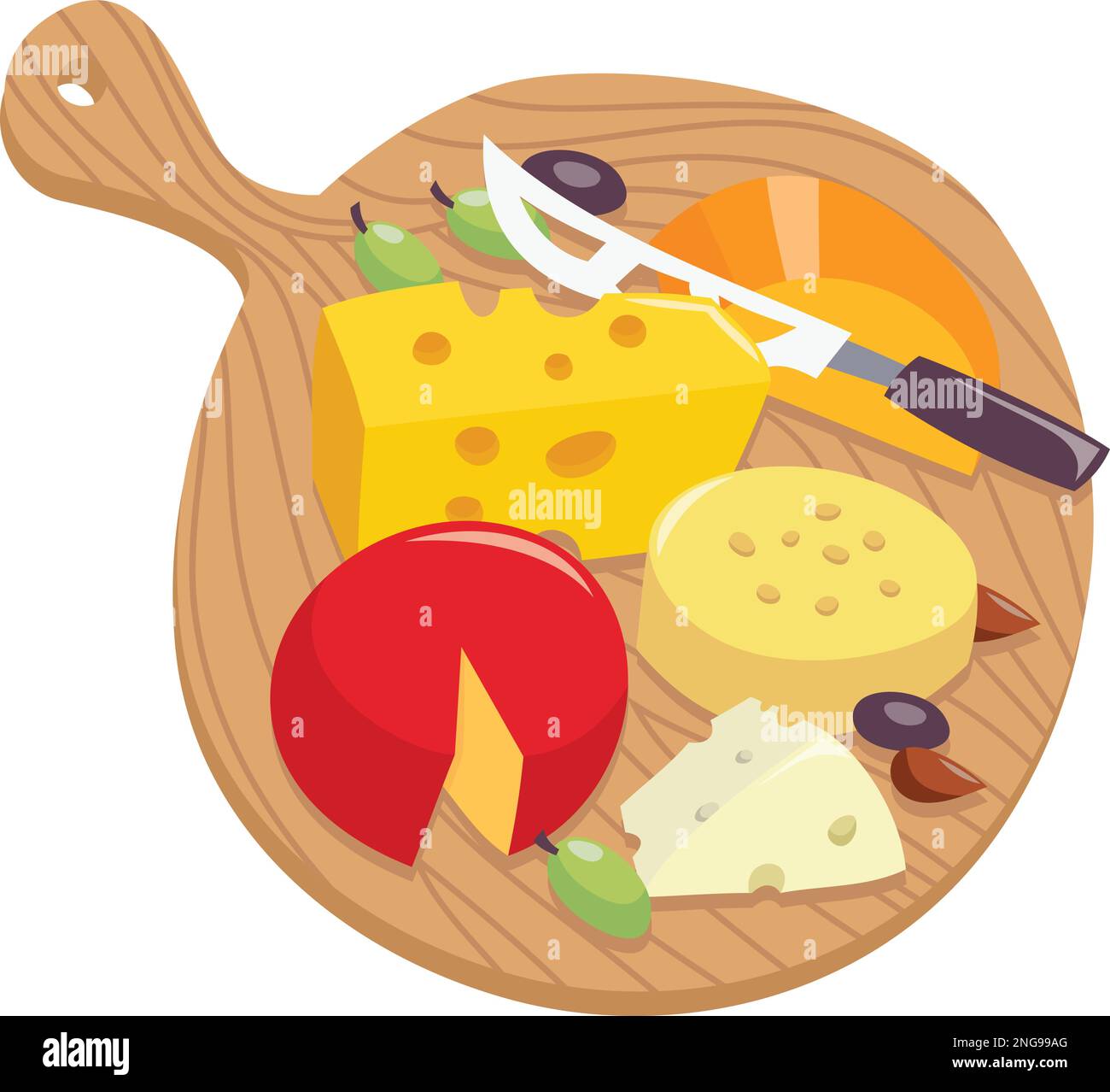 A cartoon vector illustration of various cheeses on a round wooden ...