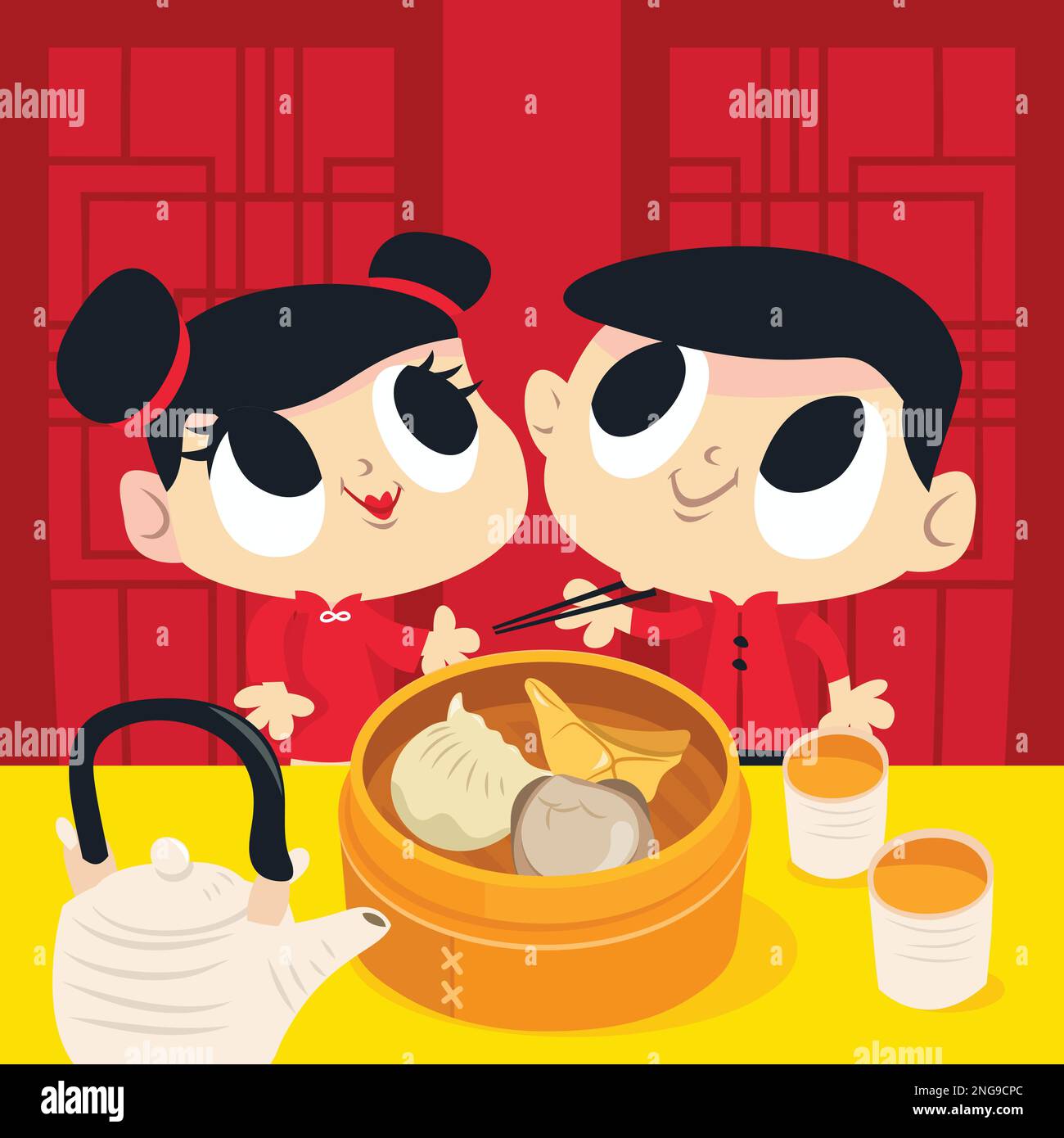 A cartoon vector illustration of a cute boy and girl having chinese ...