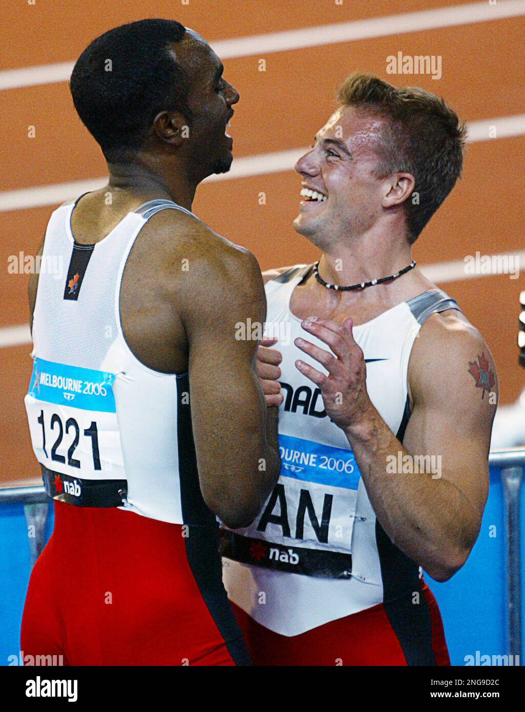 Canadian sprinters Anson Henry (left) and Nathan Taylor celebrate after ...