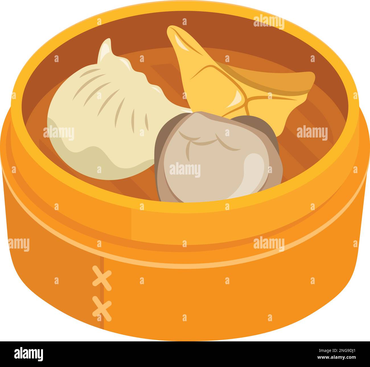 A cartoon vector illustration of chinese dumplings in a bamboo basket ...